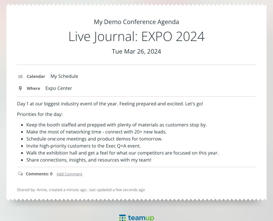 Create a Shared Live Journal of an Event with Teamup | Teamup Blog
